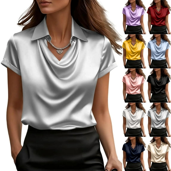 Elegant Cowl Neck Satin Shirts for Women Silk Short Sleeve Lapel ...