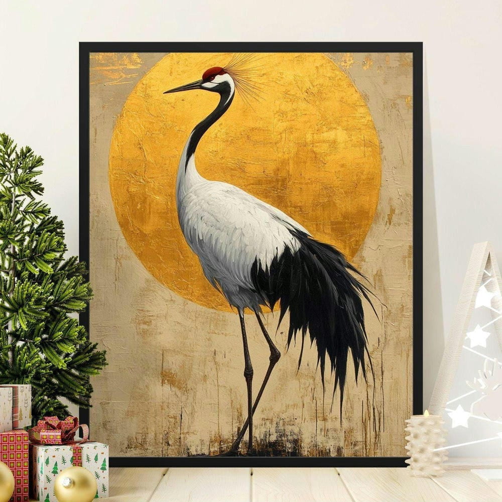 Elegant Crane Bird Poster Gold Sun Background Art Minimalist Wall Decor ...