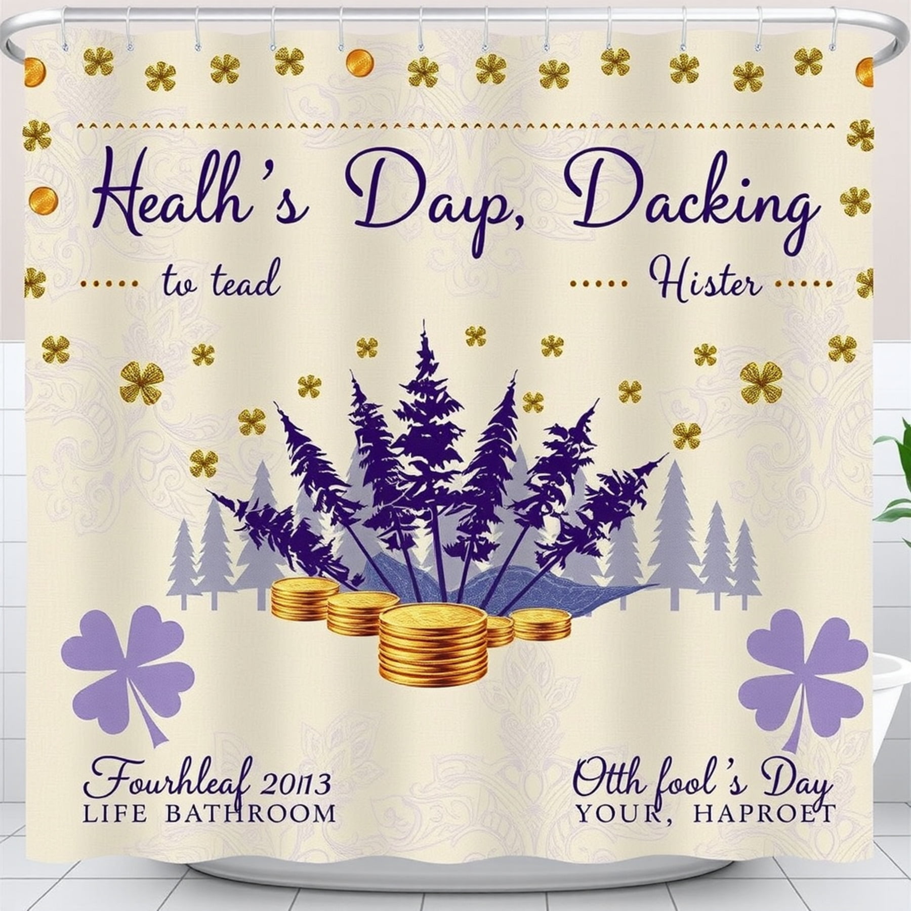 Elegant Cream Shower Curtain with Gold Coin Design & Dark Blue Trees ...