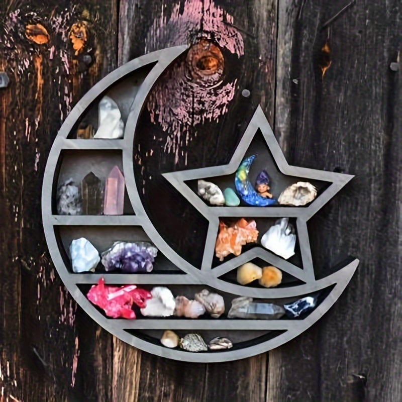 Elegant Crescent Moon & Star Wooden Crystal Display Shelf - Rustic ...