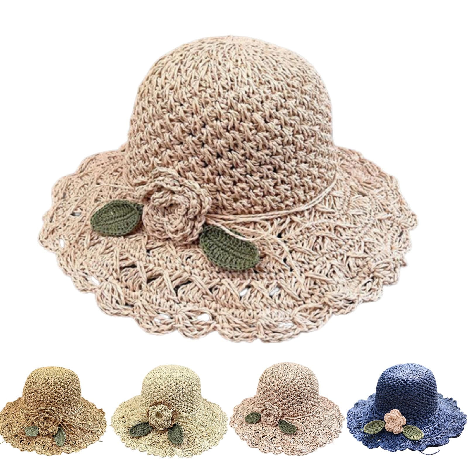Elegant Crochet Straw Hat Womens Summer Beach Straw Cap Foldable UV ...