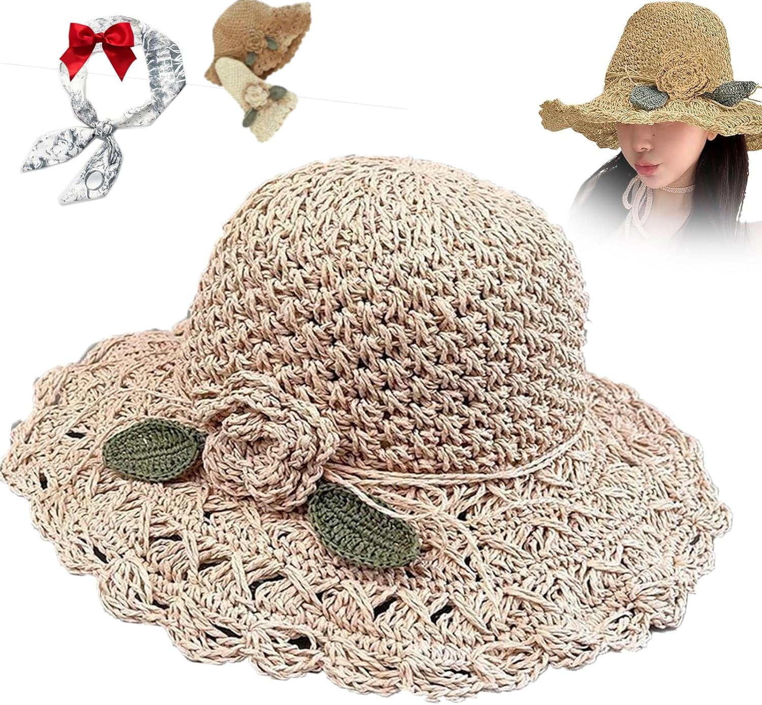 Elegant Crochet Straw Hat with Ruffle Detail,Women's Sun Hat Wide Brim ...
