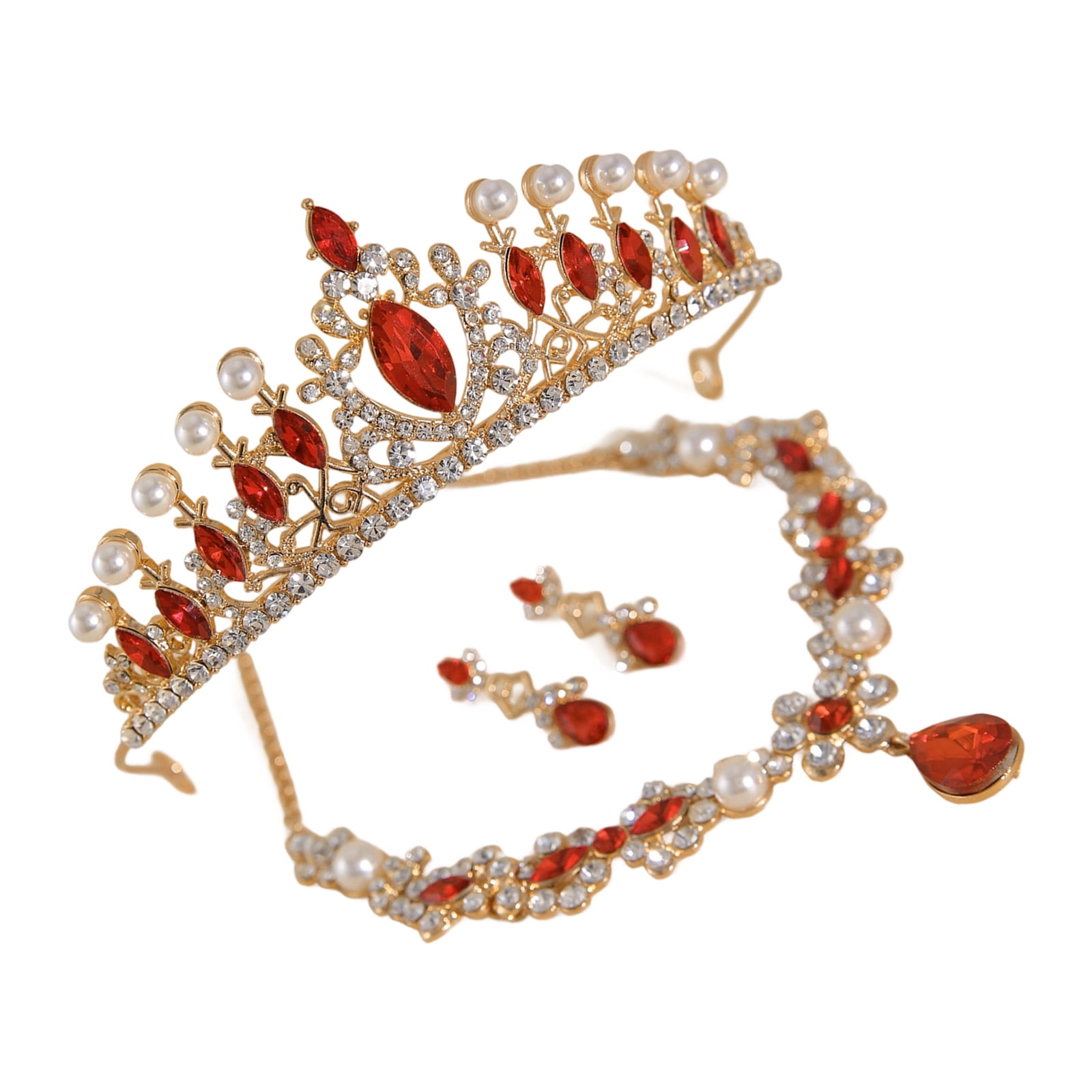 Elegant Crown Necklace Earring Set with Simulated Pearls Rhinestones ...