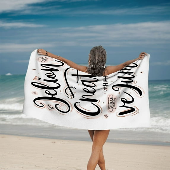 Elegant Cursive Script Beach Towel with Playful Hearts Stars & Leaves ...