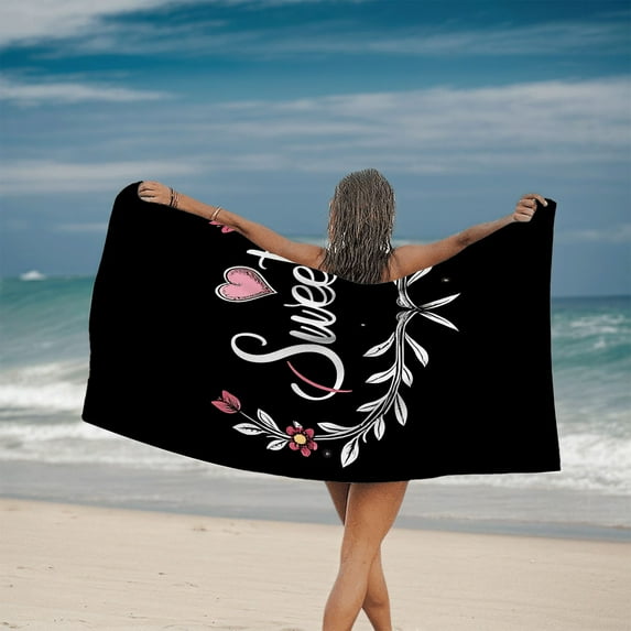 Elegant Cursive ' Sweet ' Design Beach Towel with Floral Accents ...