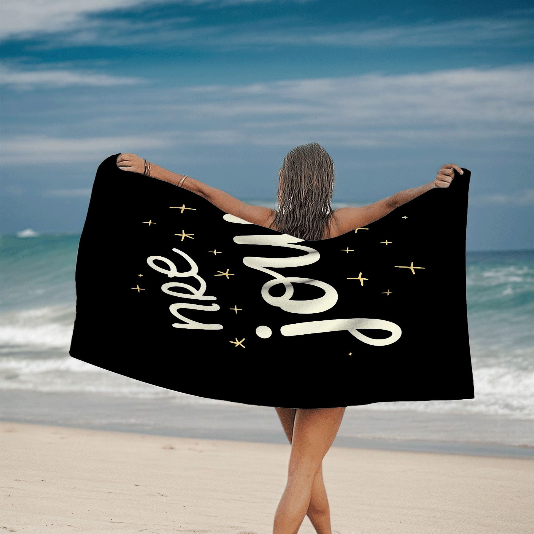 Elegant Cursive ' nke joyy ' Design Beach Towel with Golden Stars ...