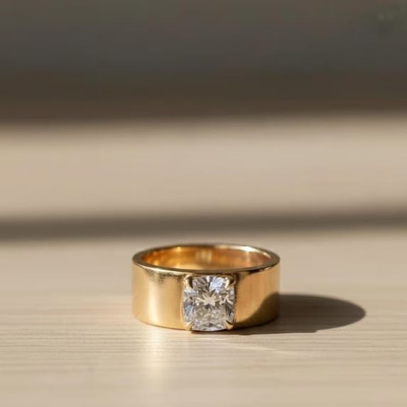 Elegant Cushion Cut Diamond Thick Band Ring, Solitaire Diamond Cigar ...