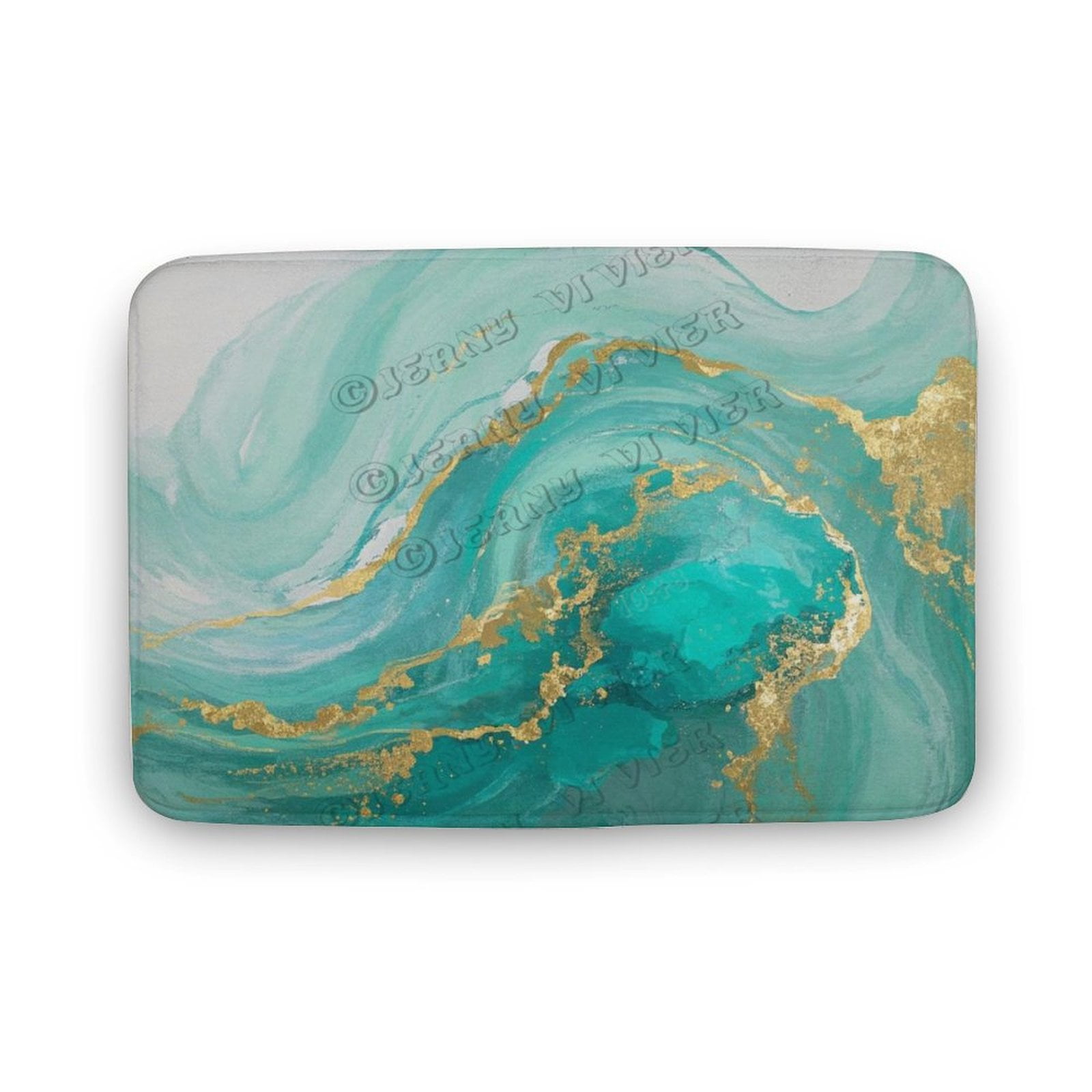 Elegant Cyan and Gold Marble Bath Rug - 20x32 Inches, Slip-Resistant ...