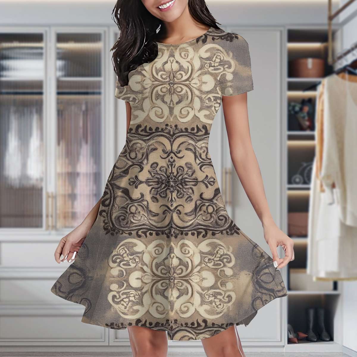 Elegant Damask Textile Pattern Design Women's Classic Swing Skater ...