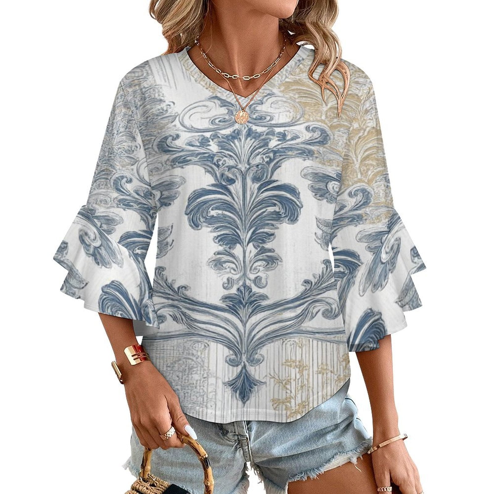 Elegant Damask Wallpaper Design Women's V-Neck Blouse With 3/4 Ruffled ...