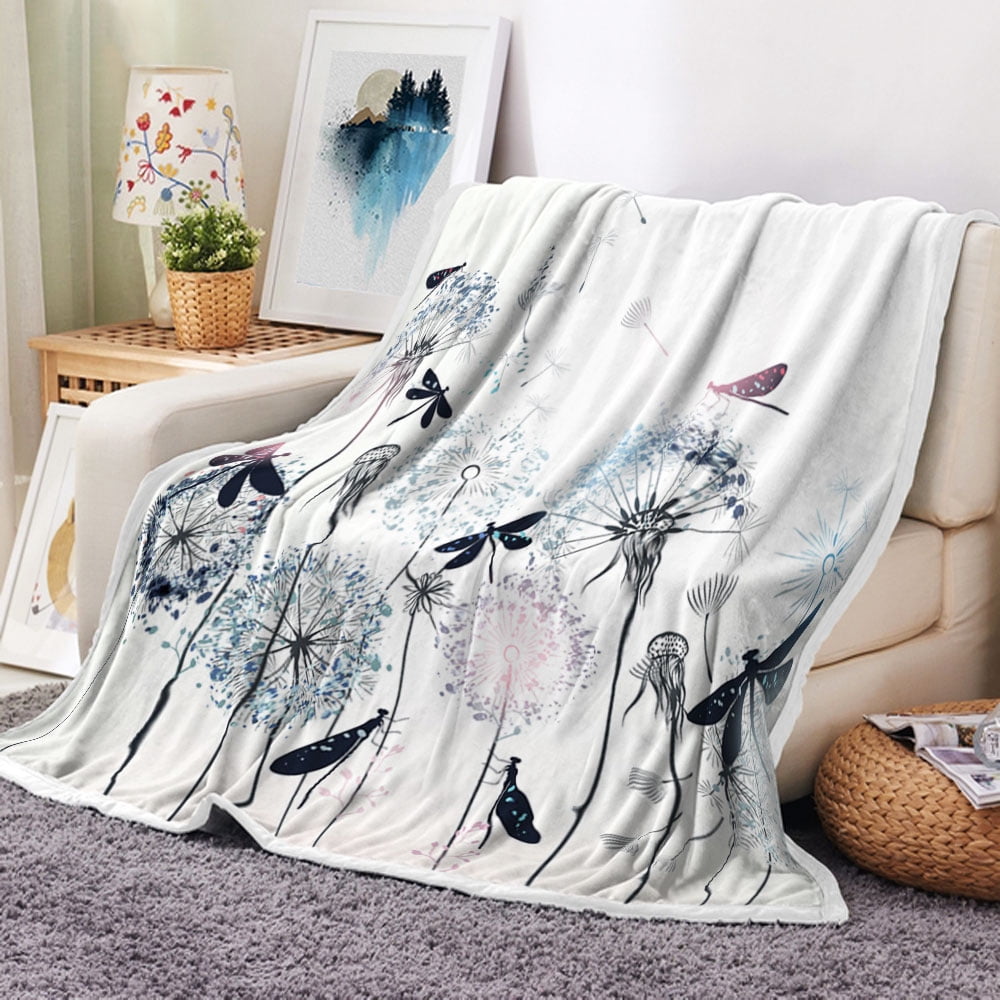 Elegant Dandelions and Dragonflies Throw Blanket Teal Blue Decor ...