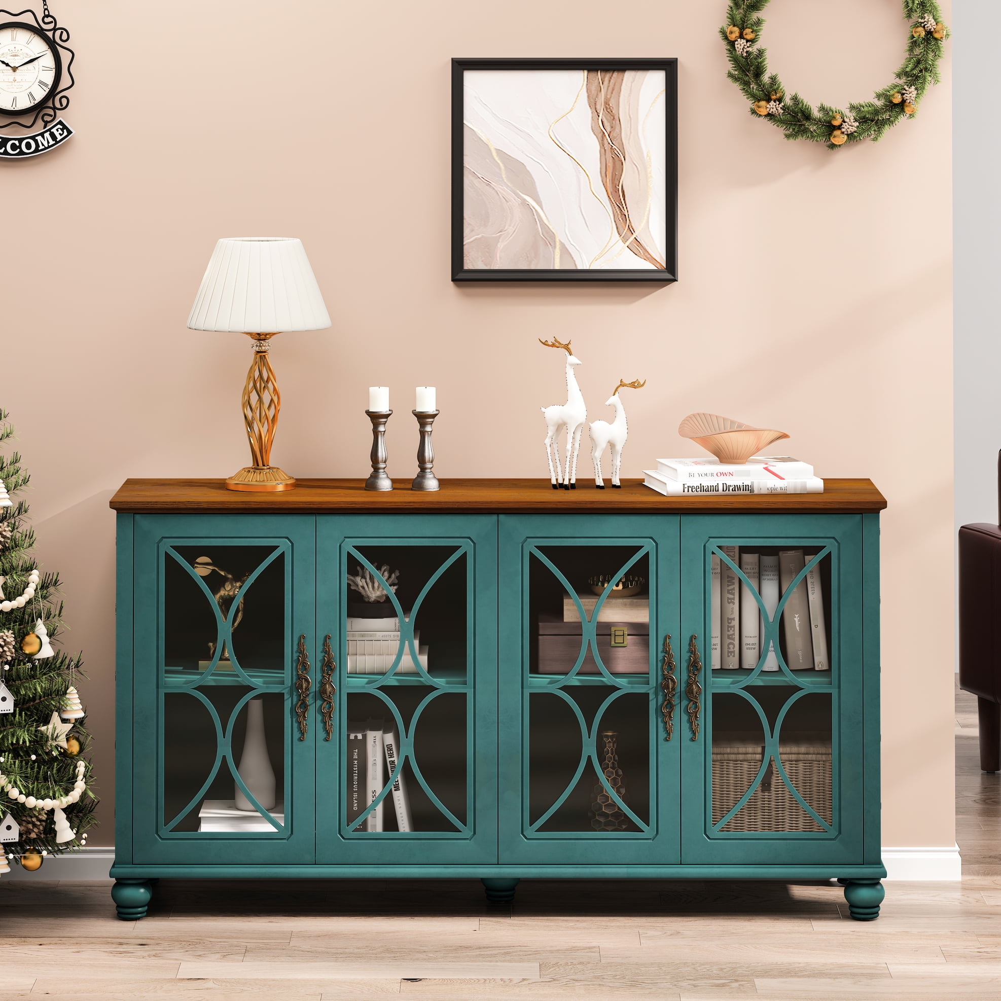 Elegant Dark Cabinet, 4 Doors With Tempered Glass, & Solid Wood ...