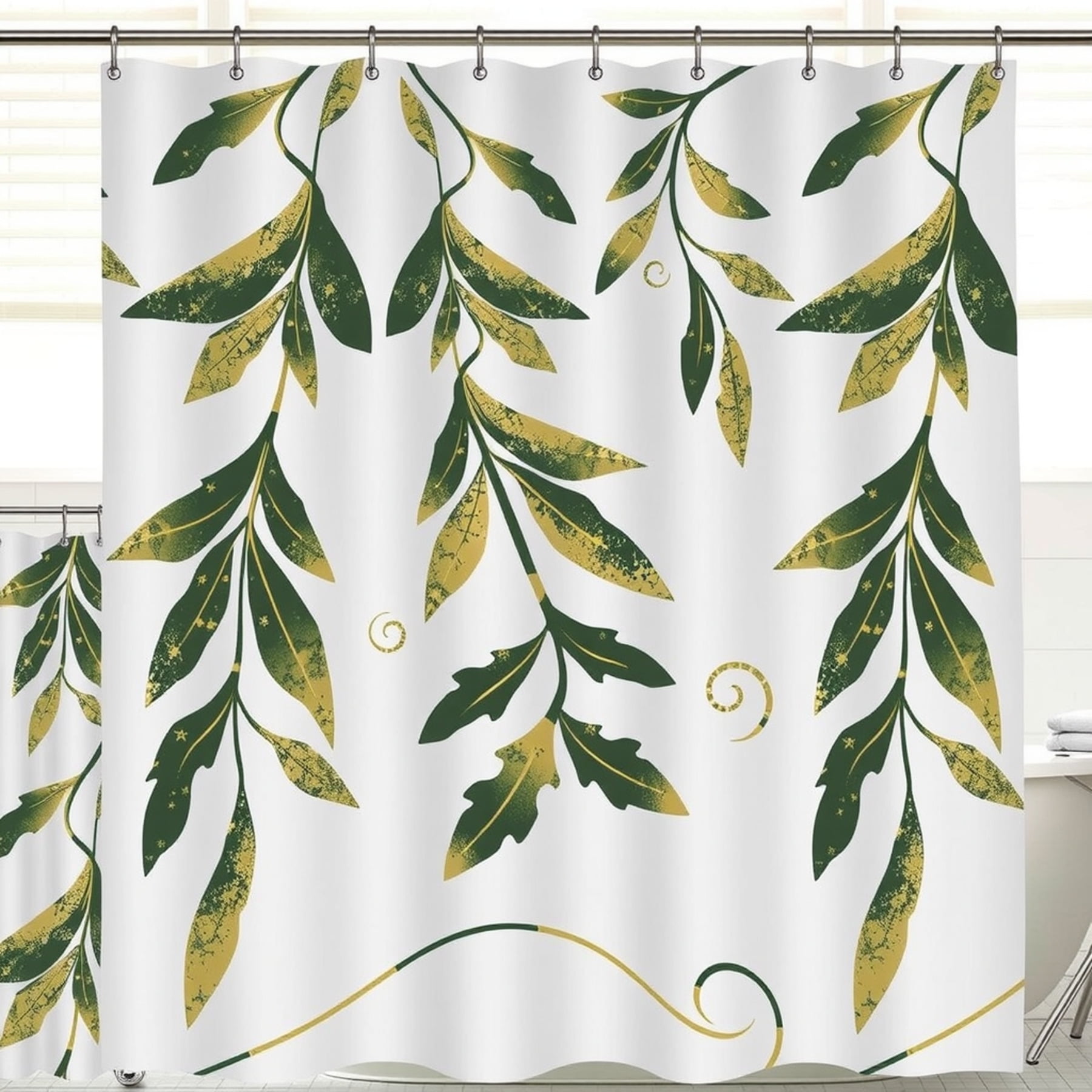 Elegant Dark Green Leaf Shower Curtain with Gold Accents - Textured ...