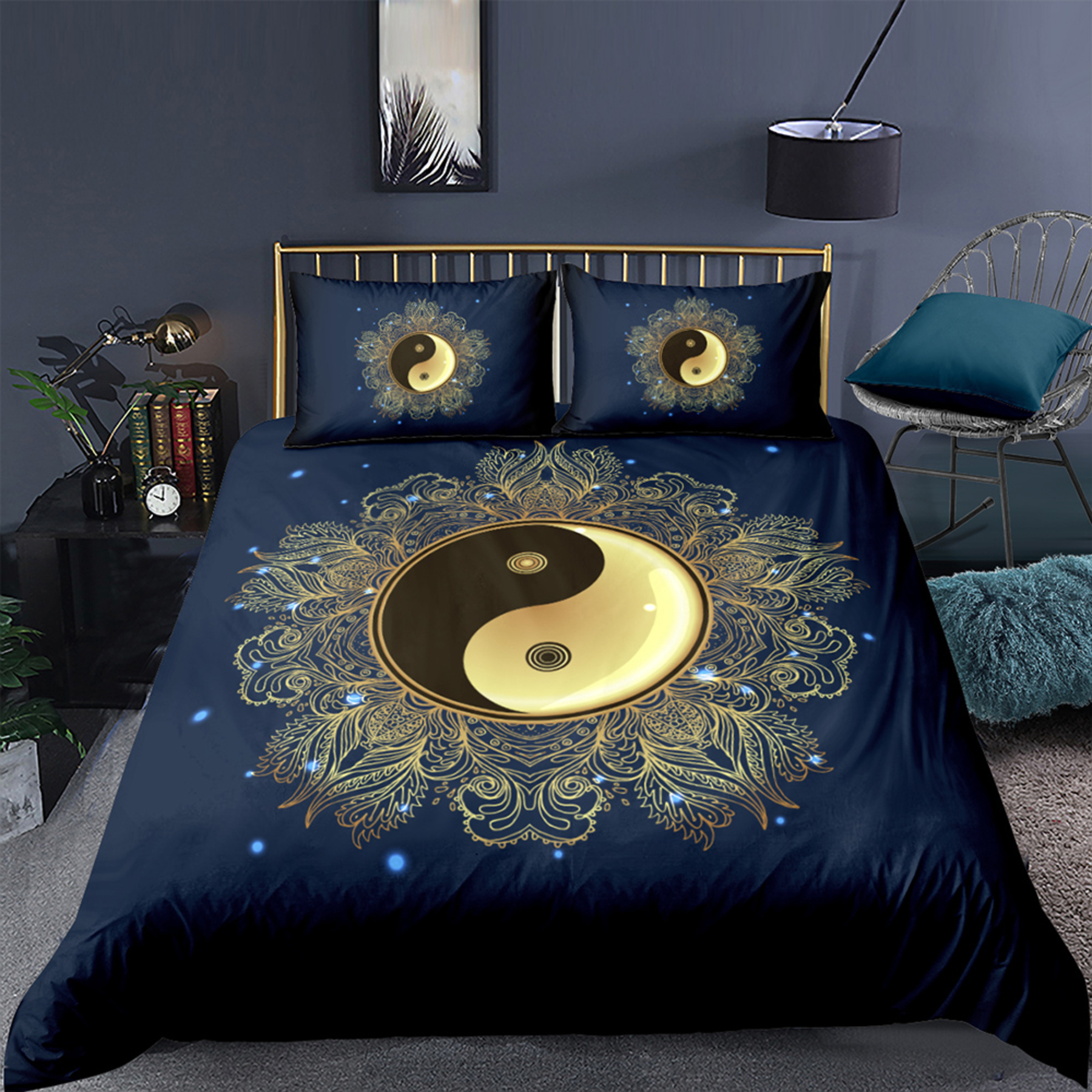 Elegant Deep Blue Bedding Set with Golden Design - Tranquil & Spiritual ...