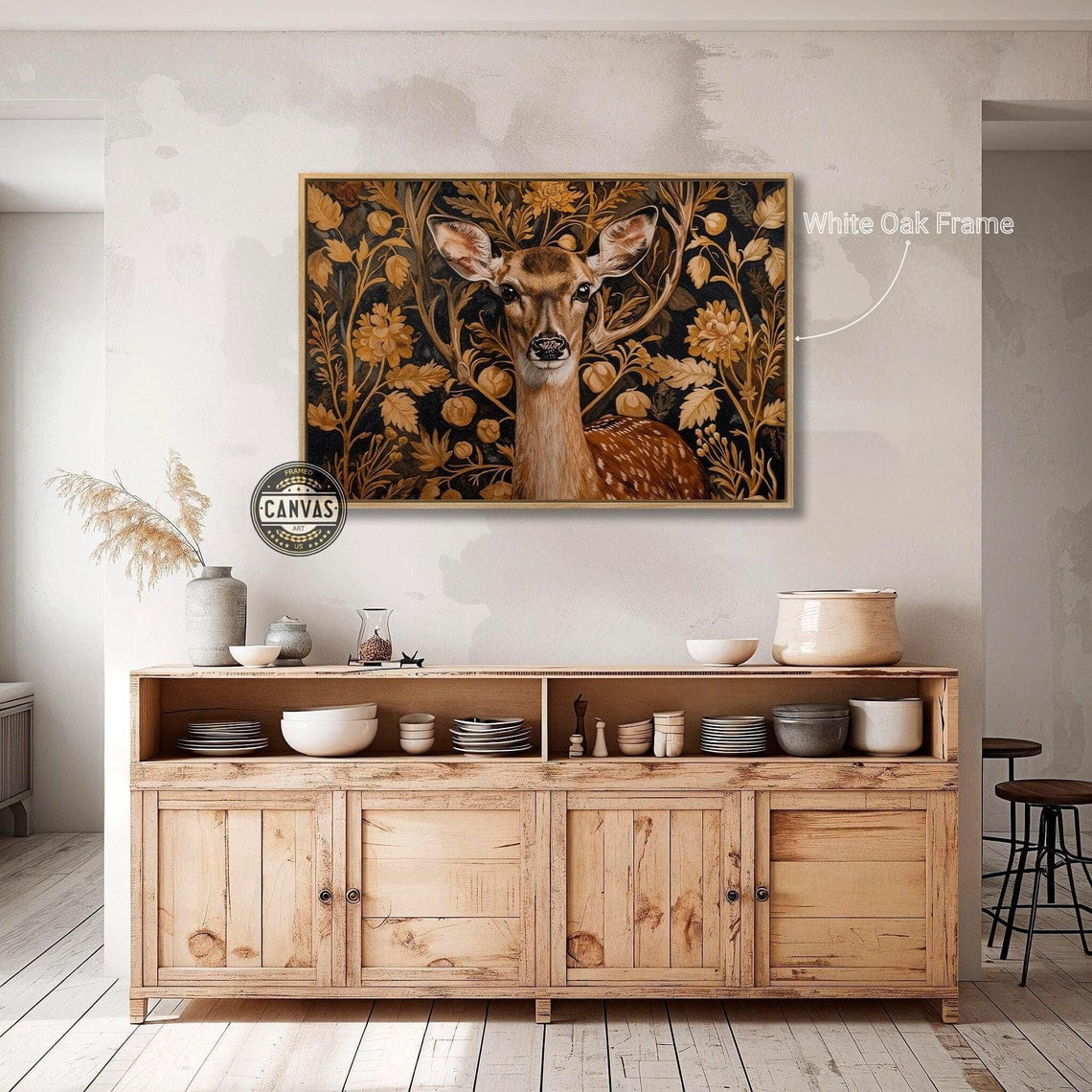 Elegant Deer Poster Abstract Vintage Plants Wall Art Fawn Flowers ...