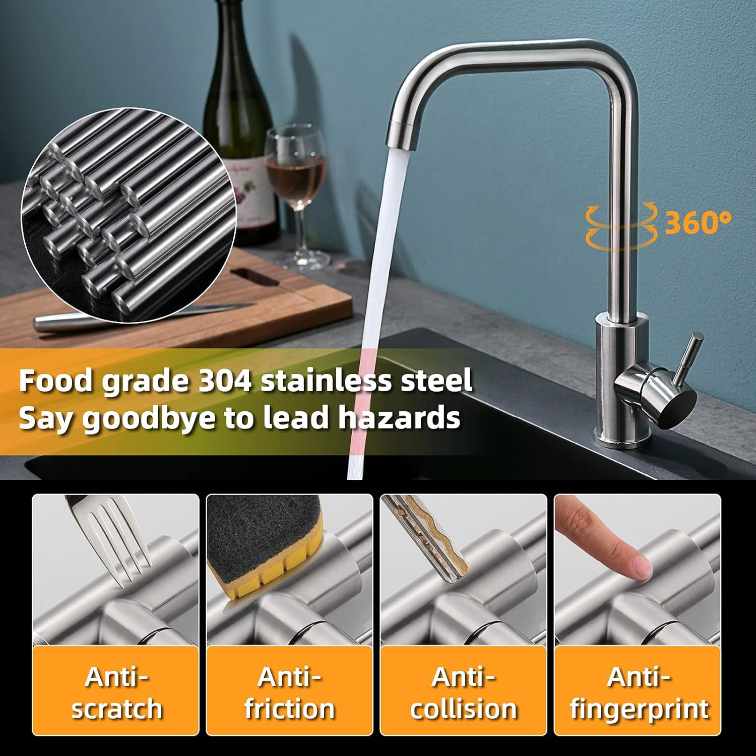 Elegant Design, Stainless Steel, 360° Rotatable, Brushed Nickel Kitchen ...