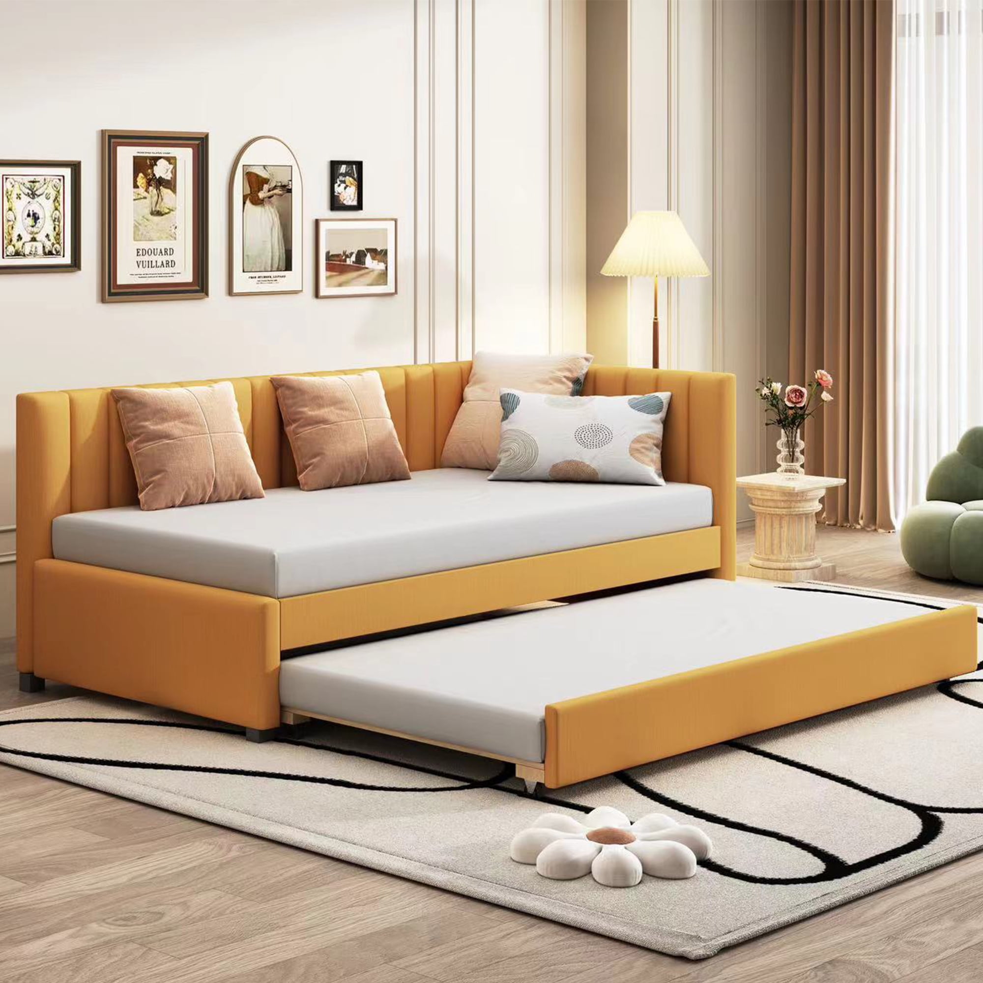 Elegant Design Upholstered Twin Size Daybed with Trundle, Linen Fabric ...