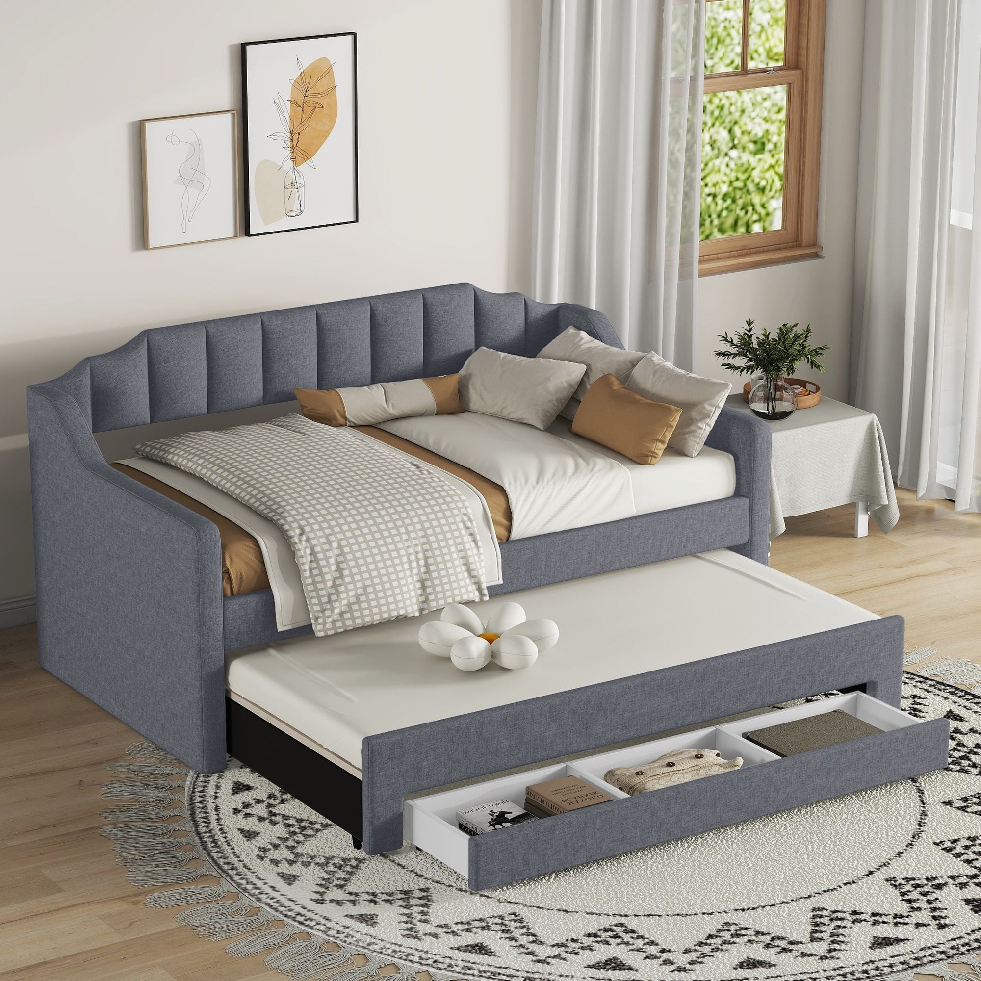 Elegant Design Upholstered Twin Size Daybed with Trundle and Three ...