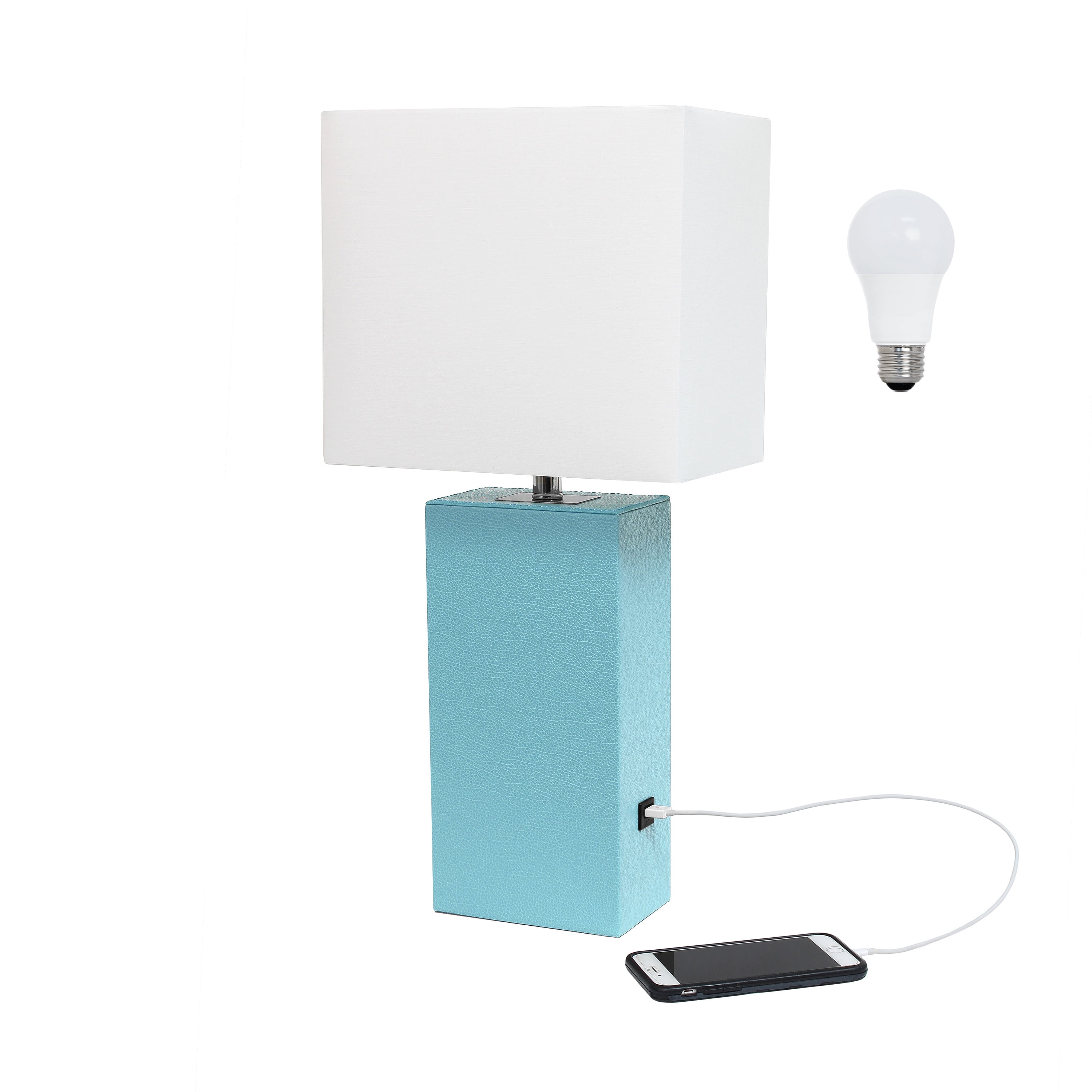 Elegant Designs 21" Leather Wrapped Table Lamp, w/ USB Port, Aqua, w ...