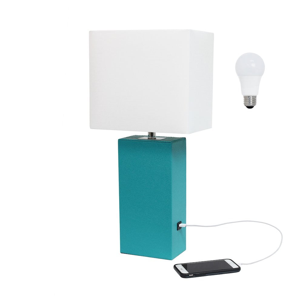 Elegant Designs 21" Teal Leather Wrapped Table Lamp with USB Port & LED ...