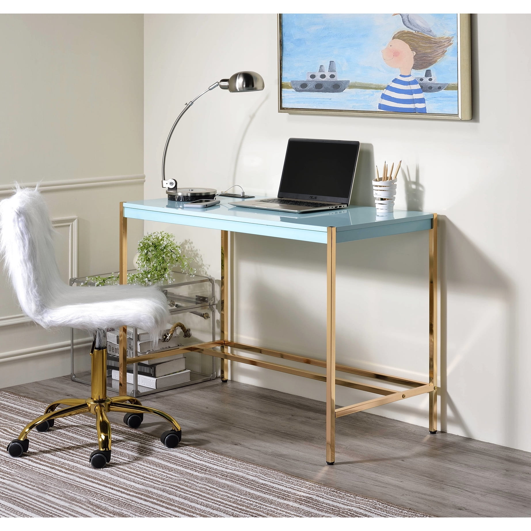Elegant Desk With Blue & Gold And Convenience Color Facility - Walmart.com