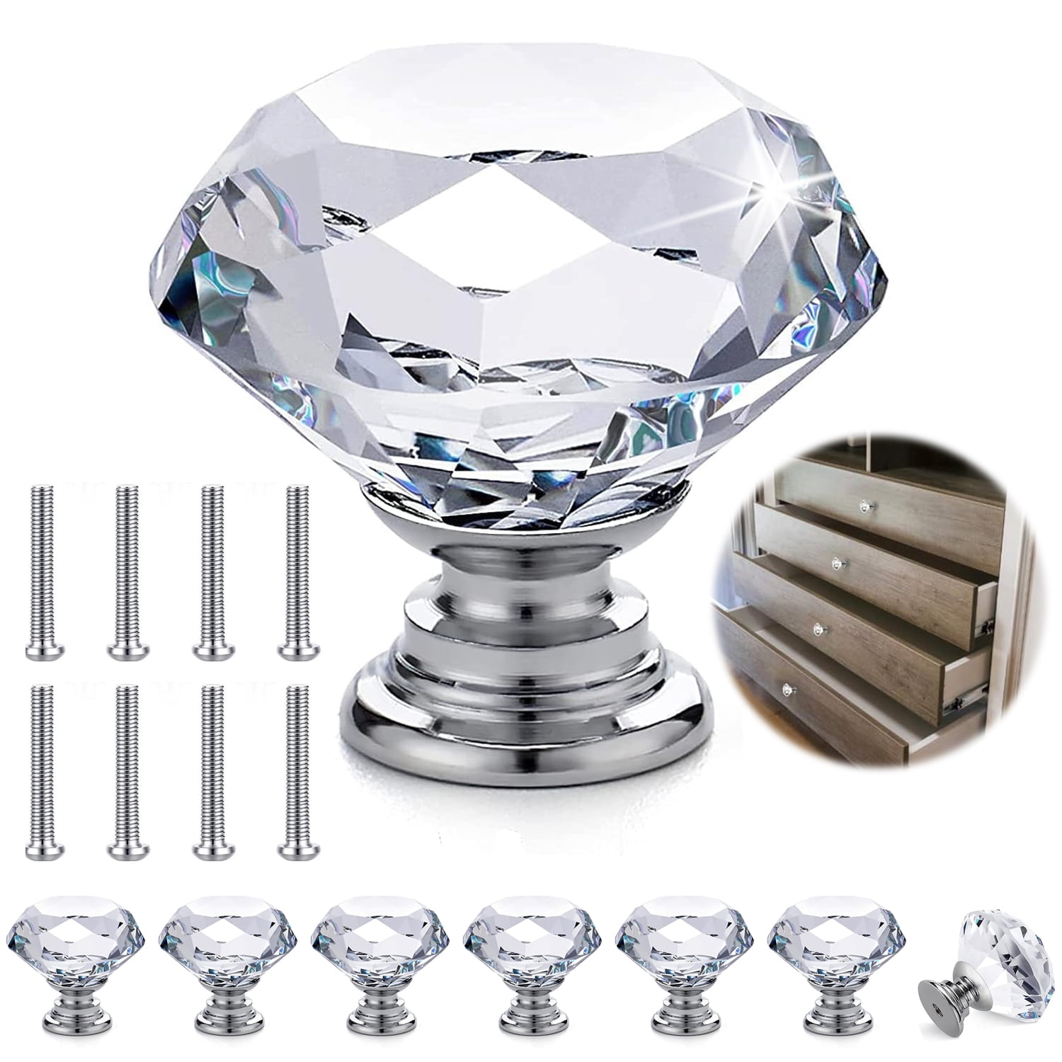 Elegant Diamond Crystal Glass Cabinet Knobs, Transparent 30Mm Shiny ...