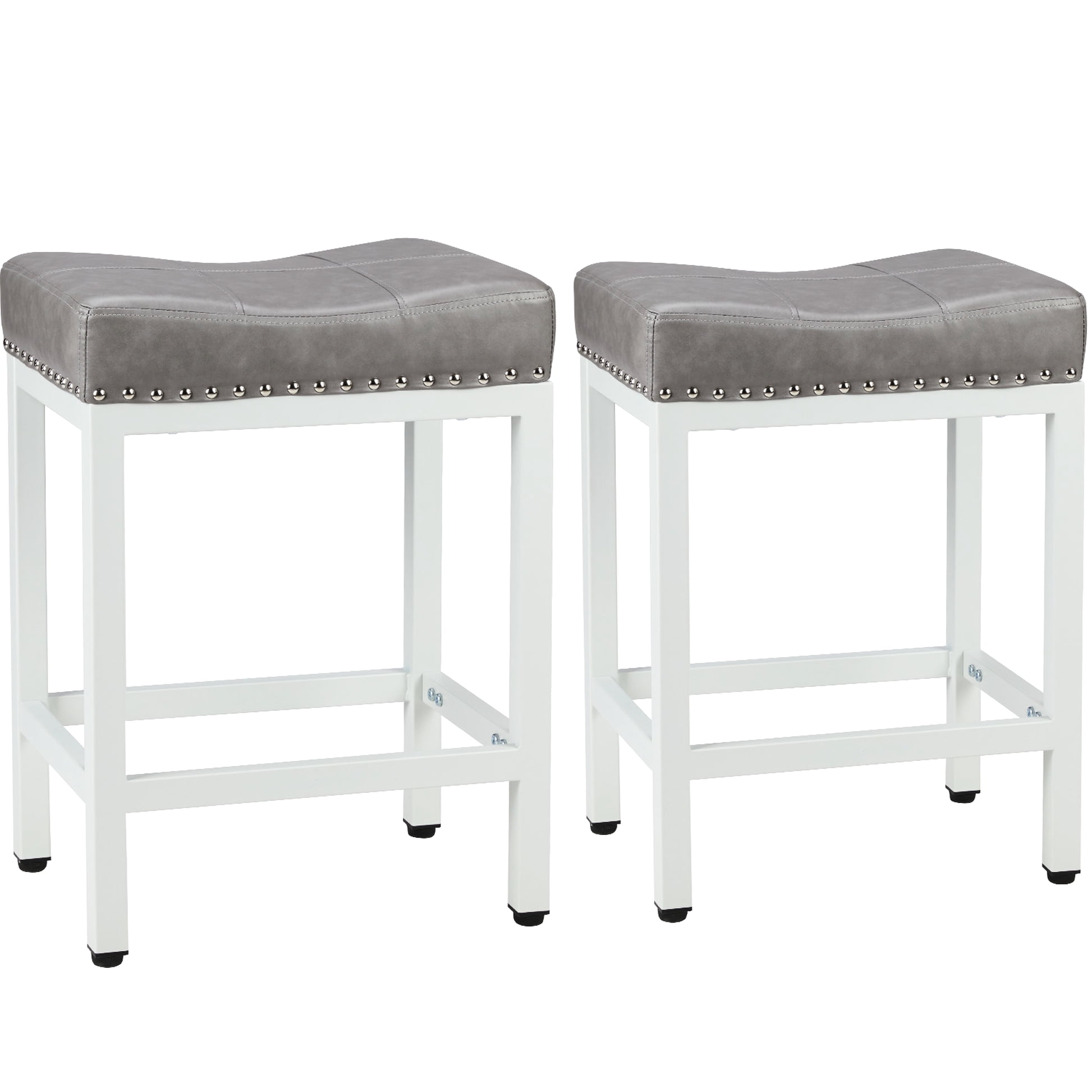 Elegant Dining Chair Stools, 2pcs, Grey Leather, Steel Base Kitchen ...