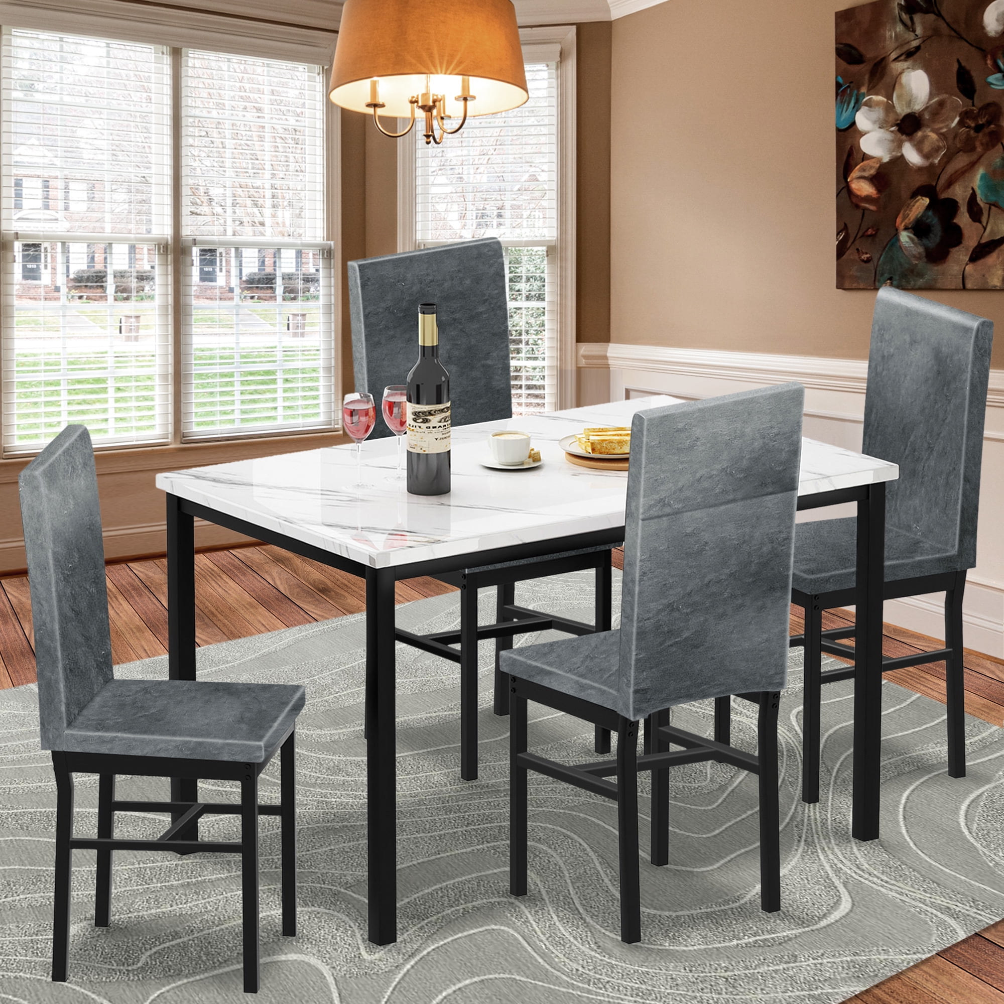 Elegant 5-Piece Dining Set, Faux Marble, Metal Legs, 47''x28''x30.7 ...