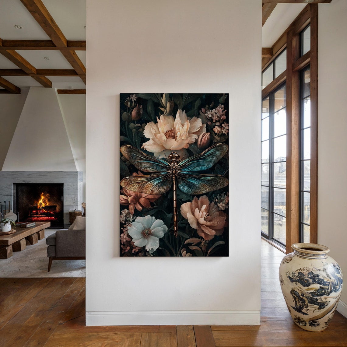Elegant Dragonfly Floral Art - Stunning Metallic Dragonfly With Peonies ...