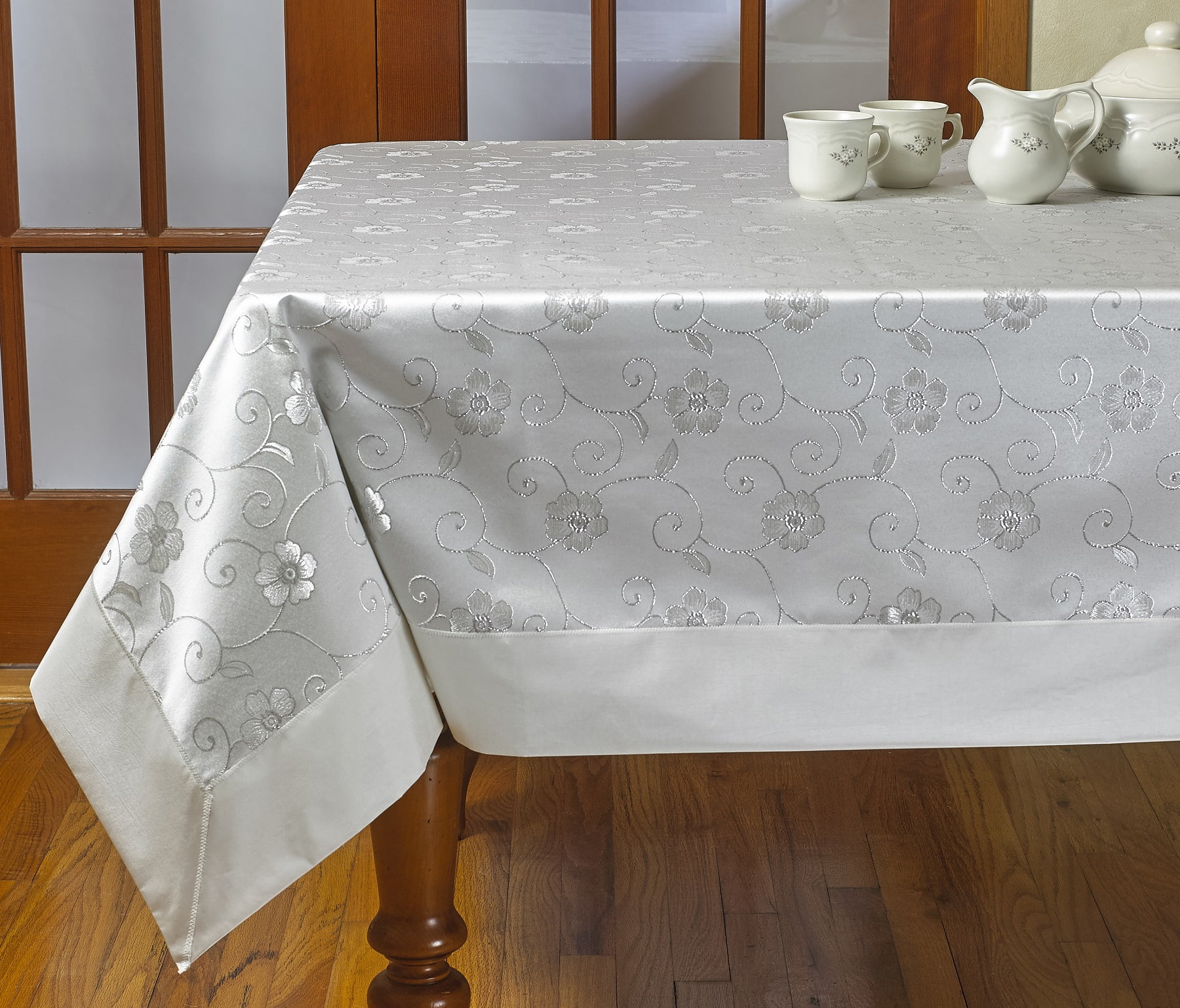 Elegant Embroidered Flower Design Tablecloths - 70" x 88" - In White ...