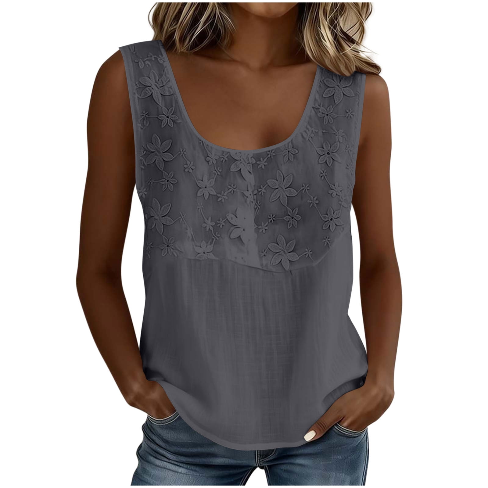 Elegant Embroidered Linen Tank Tops for Women Loose U Neck Sleeveless ...