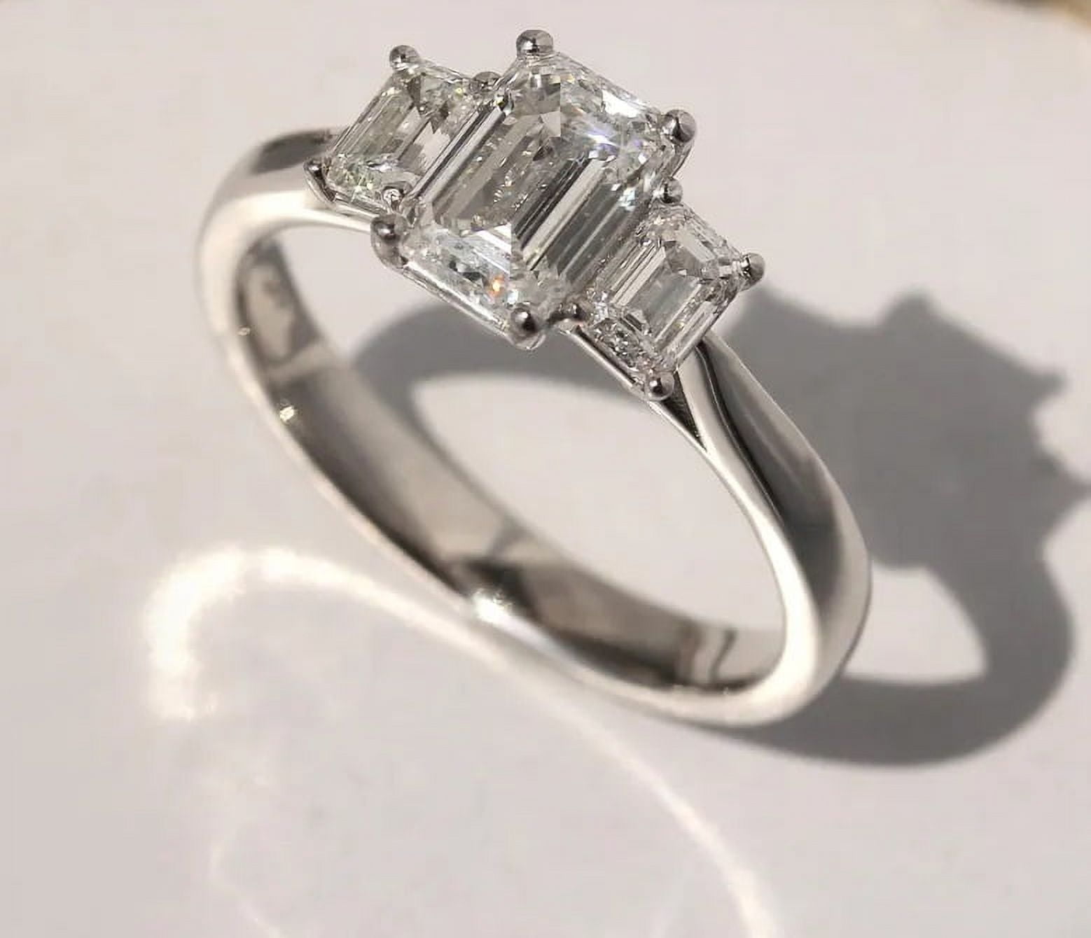 Elegant Engagement Ring Emerald Cut Moissanite Diamond Ring Three Stone ...
