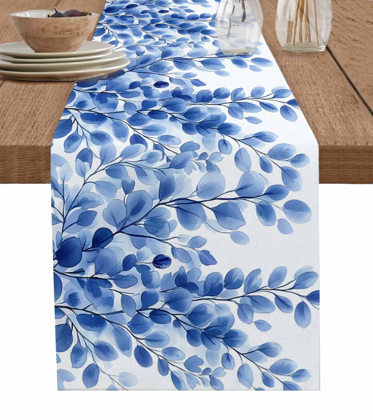 Elegant Eucalyptus Burlap Cotton Table Runner 13x120 Inches Long, Blue ...