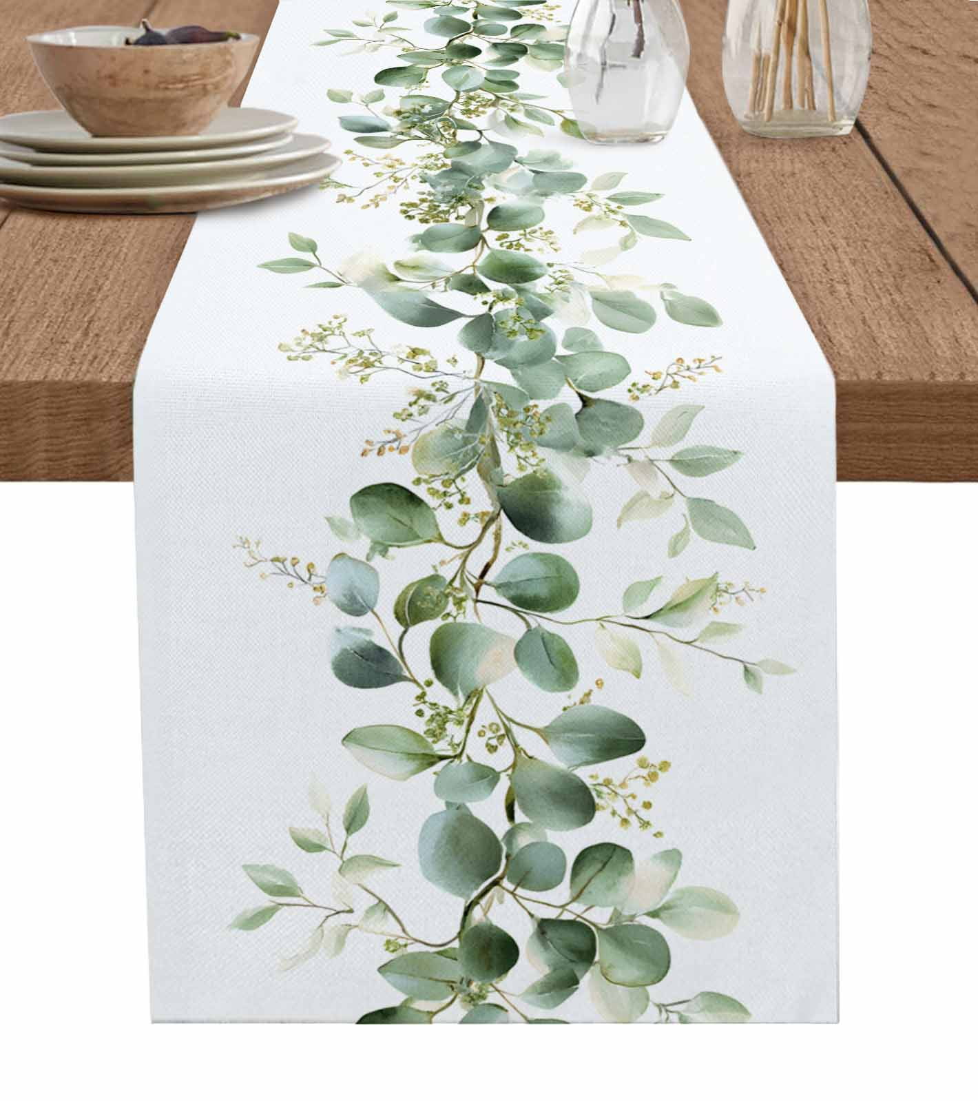 Elegant Eucalyptus Table Runner 72 Inches, Watercolor Leaves Stems Minimalist Bed Runner Dresser ...