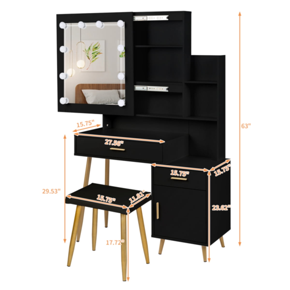 Elegant FCH Black Triamine Veneer Particleboard Dressing Table Set with ...