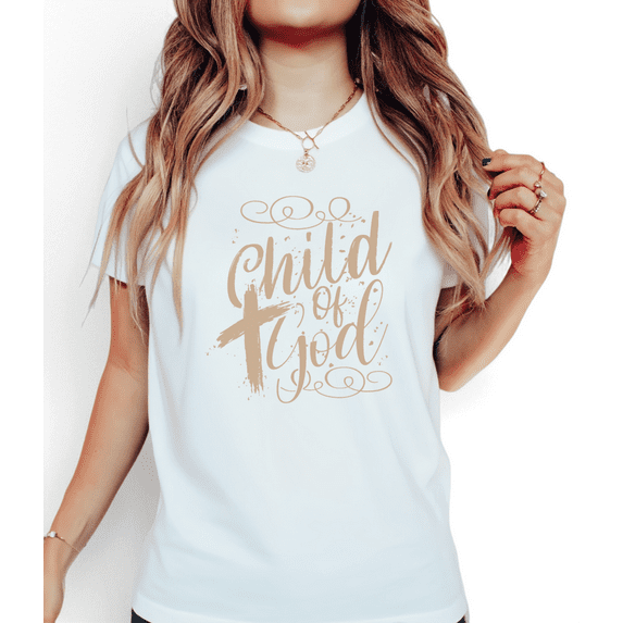 Elegant Faith 'Child of God' T-Shirts, Gold Foil Calligraphy & Cross ...