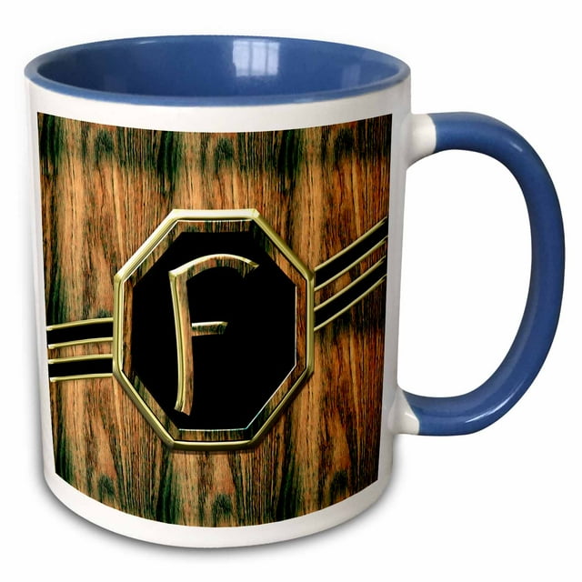 Elegant Faux Gold and Wood Grain Monogram Letter F 15oz Two-Tone Blue ...