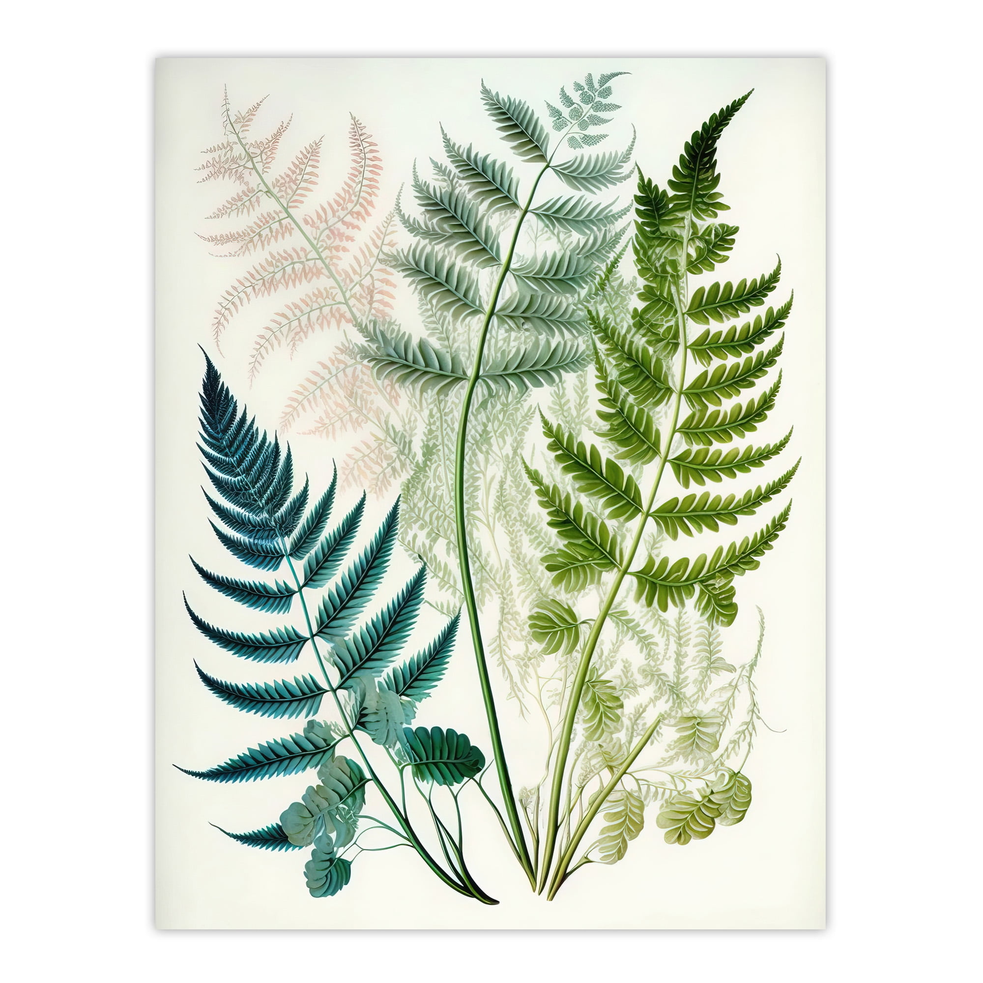 Elegant Fern Fronds Foliage Linocut Artwork Green Teal Pink Bright ...