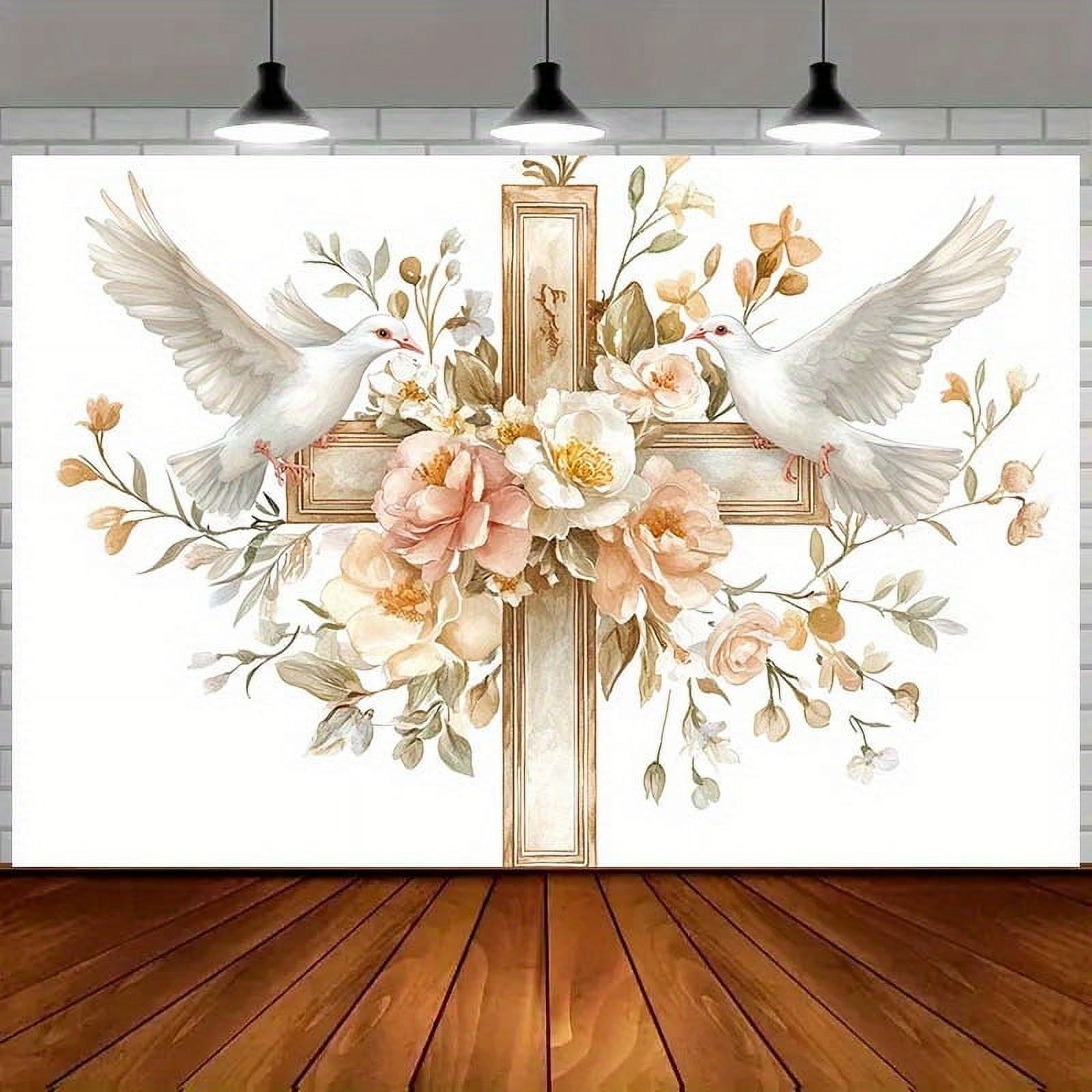 Elegant First Communion God Bless Backdrop with Cross, Doves & Floral ...
