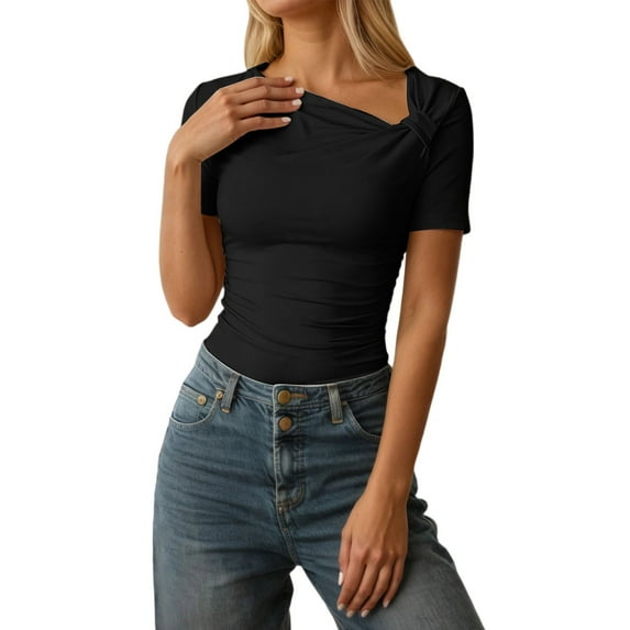 Elegant Fitted Crewneck Short Sleeve Top For Women Modern Summer Casual ...