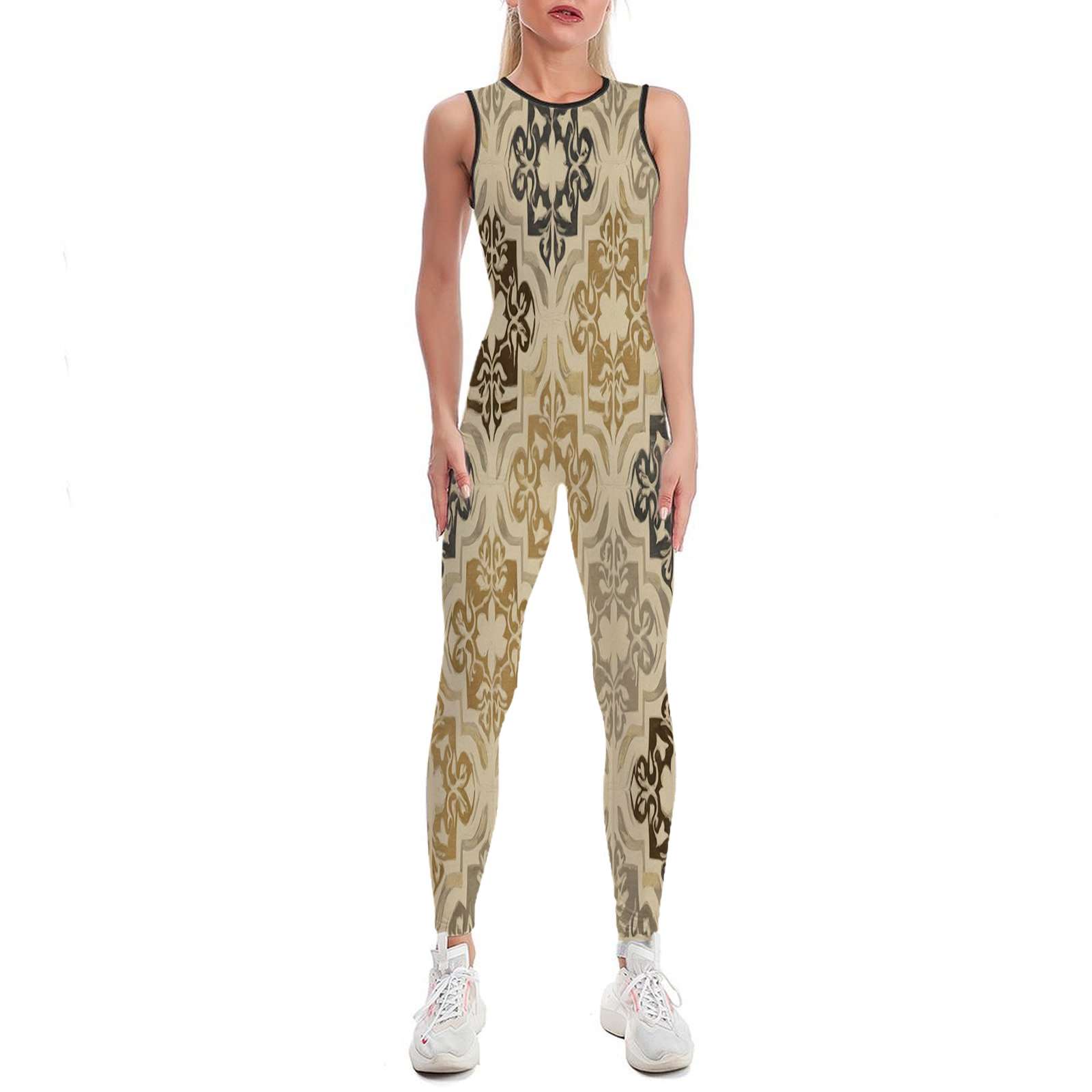 Elegant Floral Beige Rug Design Women's One Piece Yoga Jumpsuits ...
