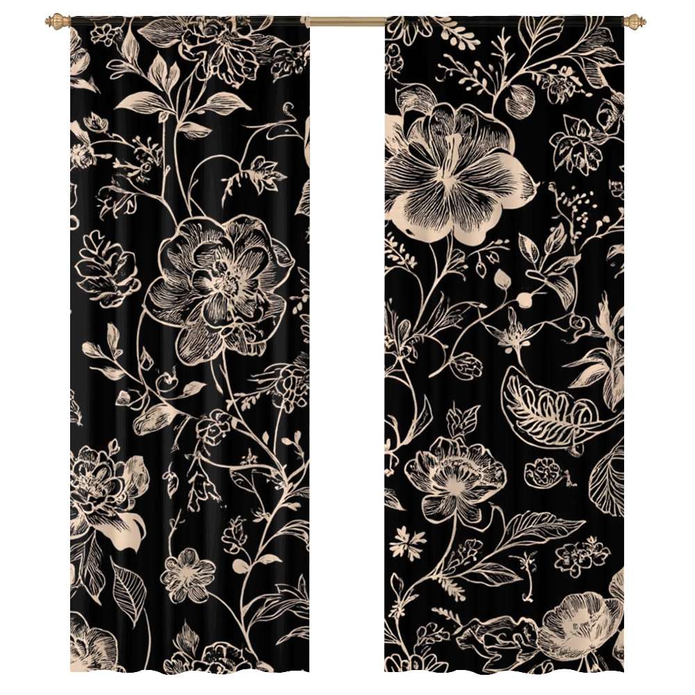 Elegant Floral Black Background Design Sheer Window Curtains for Living ...