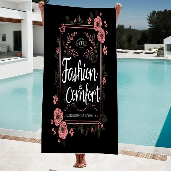 Elegant Floral Border Beach Towel - Black Background with Pink & Green ...