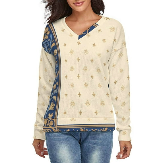 Elegant Floral Border Design V-neck Sweater Winter Clothes Long Sleeve ...