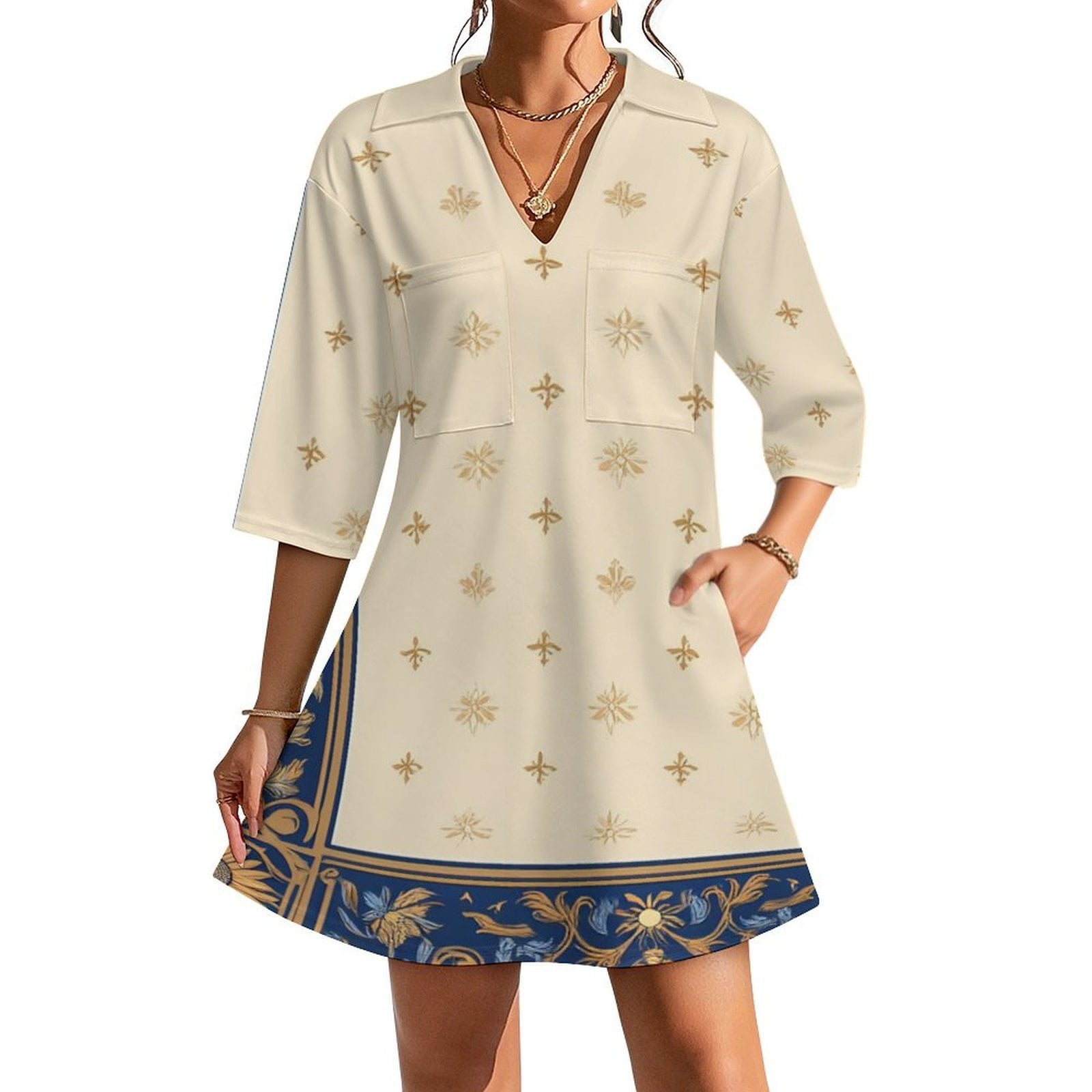 Elegant Floral Border Design Womens Dress With Pockets Summer V Neck 3/ ...