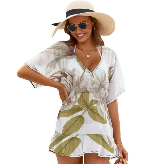 Elegant Floral Botanical Design Beach Cover Ups Women V Neck Short ...