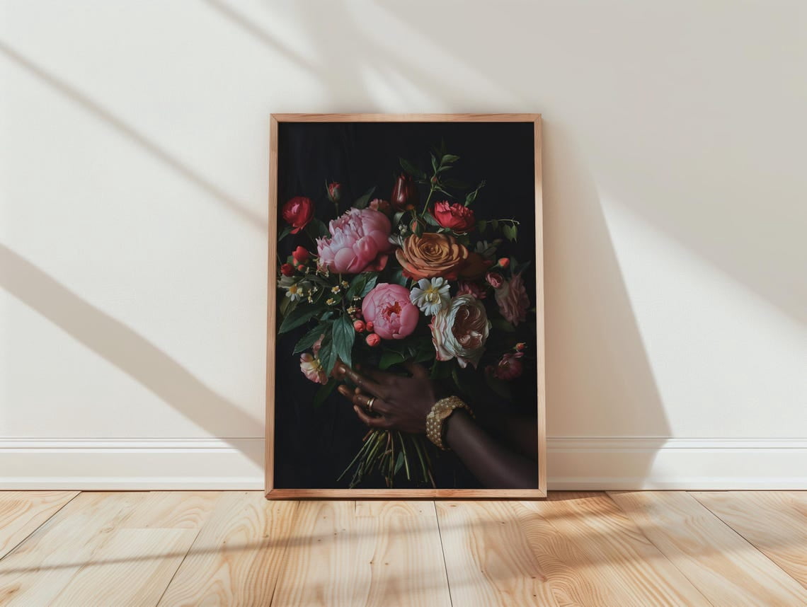 Elegant Floral Bouquet Pink Red Peach Blooms Dark Moody Background Wall ...
