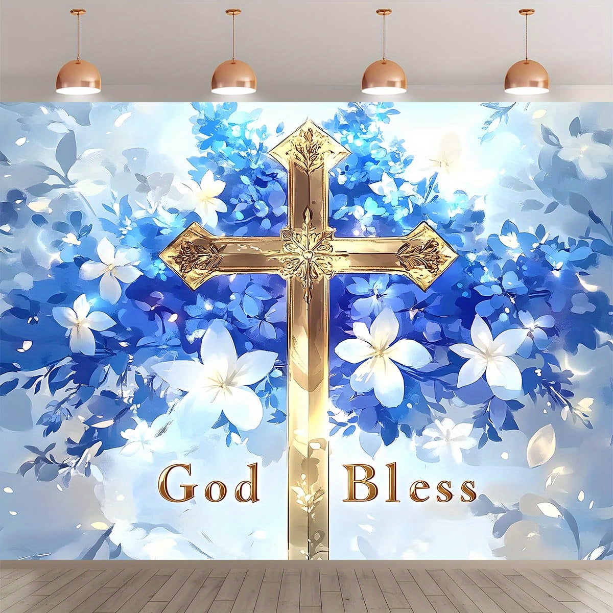 Elegant Floral Cross Backdrop Banner with "God Bless" Script - Perfect ...