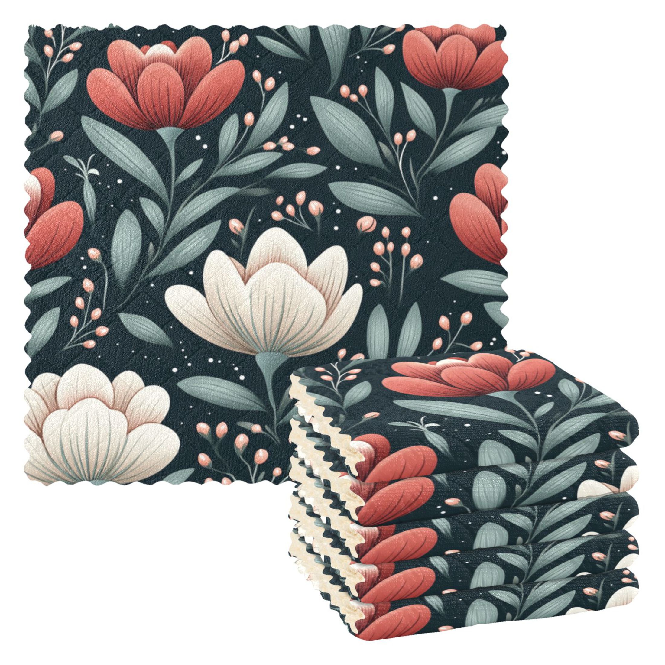 Elegant Floral Design 6 Pack Kitchen Cleaning Cloths 11'' x 11'', Super ...