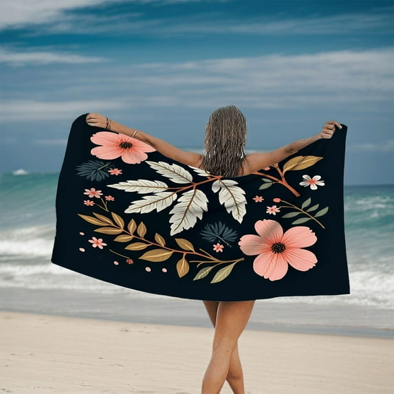 Elegant Floral Design Beach Towel - Vibrant Pink & White Flowers Dark ...